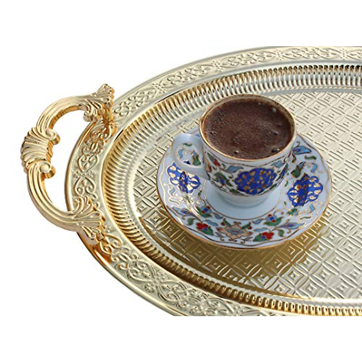BAYKUL Turkish Ottoman Coffee Tea Beverage Gold Serving Oval Tray, Luxury Metal Chrom Moroccan Decorative Breakfast Dinner Table, Ottoman Trays Extra Large (Gold)
