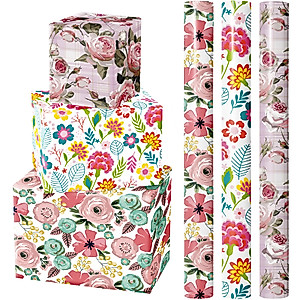 WRAPAHOLIC Wrapping Paper Roll - Mini Roll - 3 Rolls - 17 Inch X 120 Inch Per Roll - Elegant Floral for Wedding, Birthday, Holiday, Baby Shower