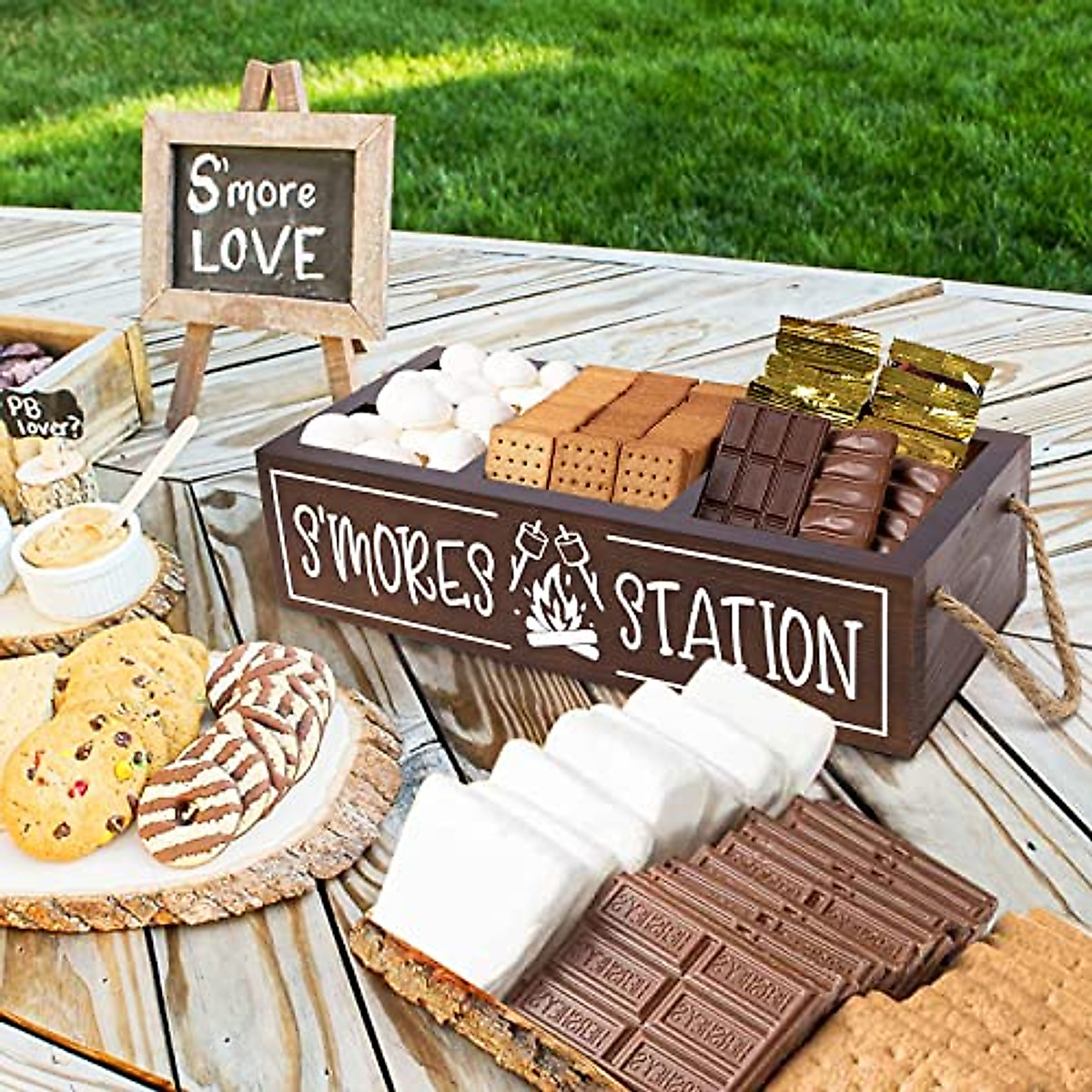 S'mores Station Wooden Box S'mores Bar Holder with Handles Farmhouse Kitchen Decor Rustic Smores Roasting Station Wood Organizer Camping BBQ Accessories Teacher Gift