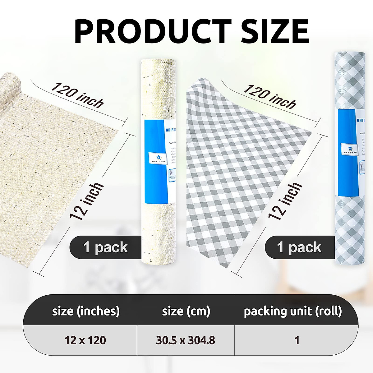 RAY STAR 12X120 Inch Shelf Liner for Kitchen Cabinets, Non-Adhesive Cabinet Liner Washable, PVC Drawer Liner for Dresser Non-Slip Bathroom (Yellow+Plaid)