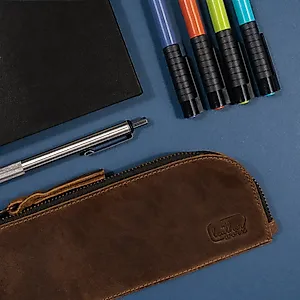 Leather Worx, Full Grain Leather Flat Pencil Pouch, Curved Pen and Marker Case for Men and Women, Zippered Bag for Work & Artists Accessories, Bourbon Brown