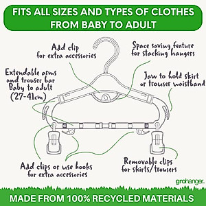 Grohanger Space Saving extendable Baby Hangers with Clips (10-16.4"). Only Expandable Kids Hangers with Full Adult Size Trouser bar and Clips. 18 Stylish Childrens Hangers. 6 Have Clips.