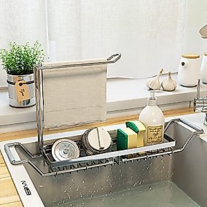 Sponge Holder for Kitchen Sink, Sink Caddy, Expandable (16.7"-21.2") Kitchen Sink Organizer with Dishcloth Towel Holder, Stainless Steel Over Sink Holder