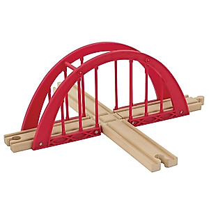 maxim enterprise, inc. Red Intersection Bridge, Model Railroad Bridge with Wooden Cross Track, Wooden Bridge Compatible with Thomas & Friends, Brio Railway, and All Major Brand Fine Wooden Train Sets