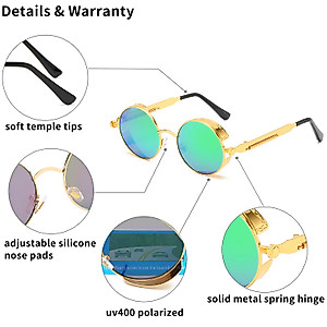 luojery Retro Round Gothic Circle Steampunk Polarized Sunglasses Metal Alloy Polarized Sun glasses for Men Women (Gold Frame Green Lens, POLARIZED LENS & 100% UV400)