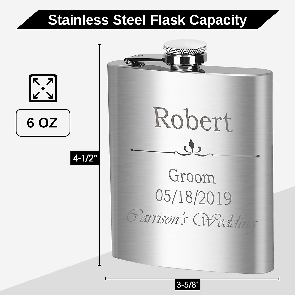 Top Shelf Stainless Steel Wedding Hip Flask 6Oz | Custom Engraving Personalized Name Bachelorette Party Favors Flask | Leak Proof Screw-On Cap | Groomsmen Gifts