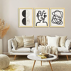 ArtbyHannah 11x14 Framed Abstract Wall Art Set of 3 with Minimalist Black Line Prints for wall decor