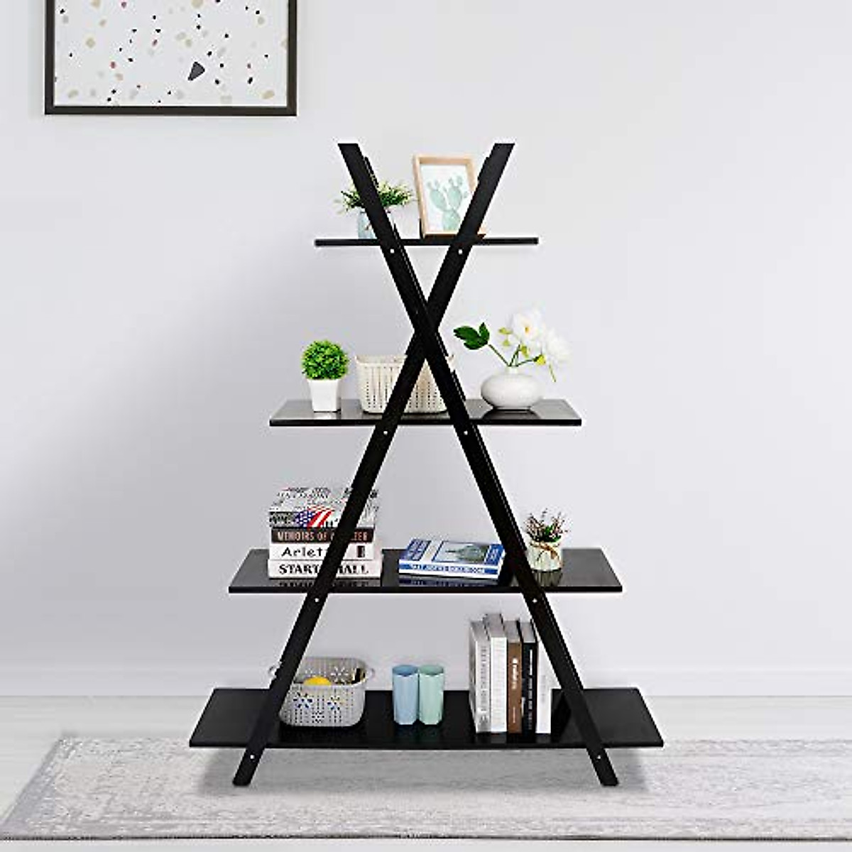 SUPER DEAL A Frame Bookshelf Storage Shelves, 4 Tier Ladder Bookcase Free Standing, Plant Book Display Furniture for Home Office, Black