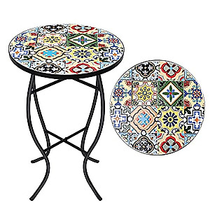 VCUTEKA Outdoor Mosaic Side Table - Small Patio Table Coffee Table Outside Accent Table Round End Plant Table for Bistro Balcony Porch Outdoor Benches 14''
