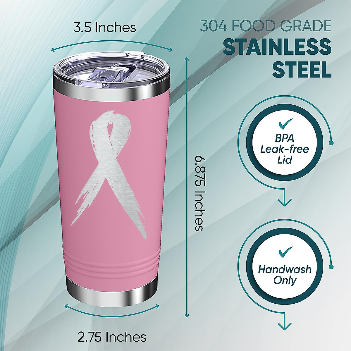 shop4ever Breast Cancer Awareness Pink Ribbon Insulated Tumblers 20 oz. with Lid, Stainless Steel Cups Travel Coffee Mug (Light Pink)