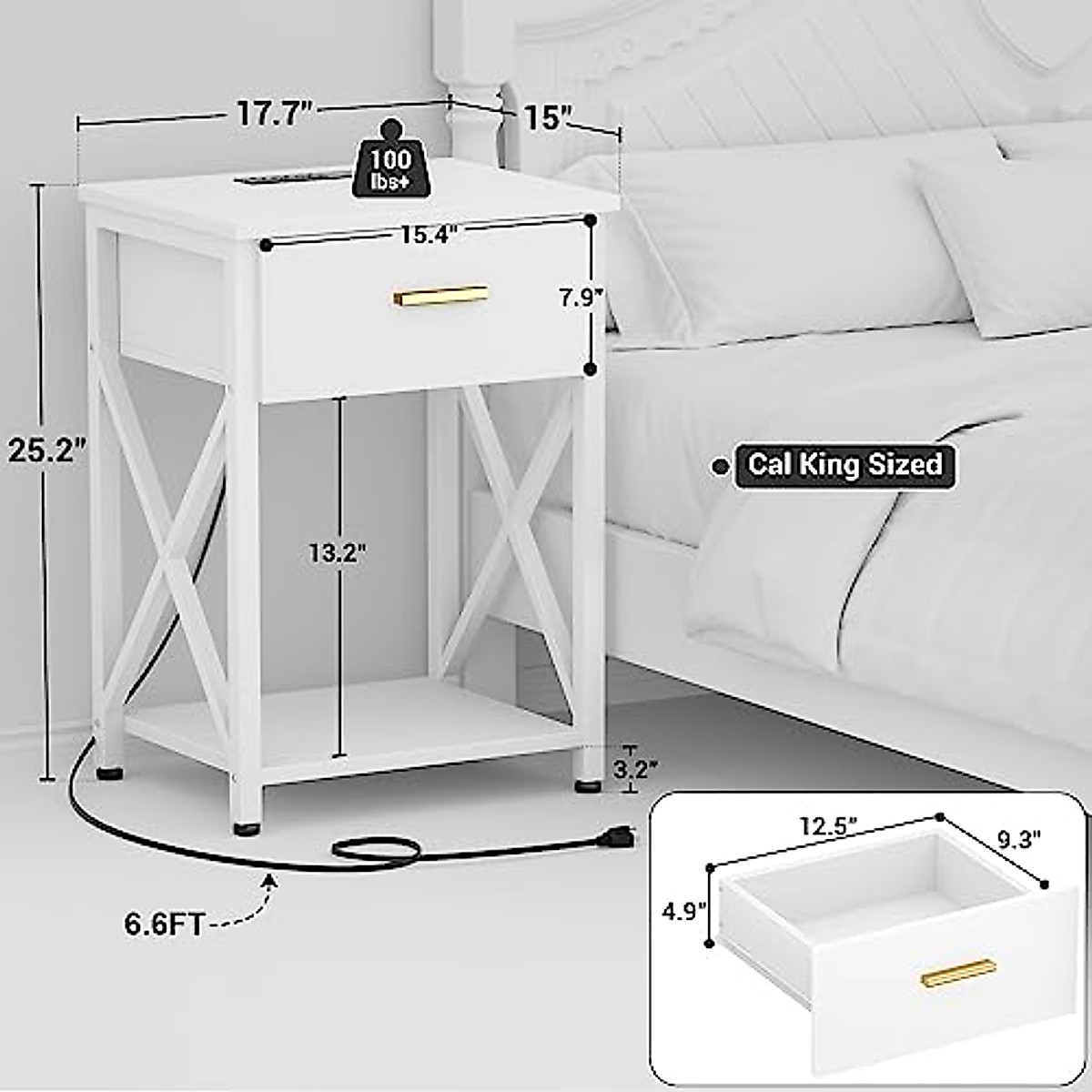 Ecoprsio Oversized Nightstands Set of 2, 26" Bedside Table with Charging Station, Modern End Side Table with X-Design, Tall Night Stand with Drawer and Shelf for Bedroom, Living Room, Sofa, White