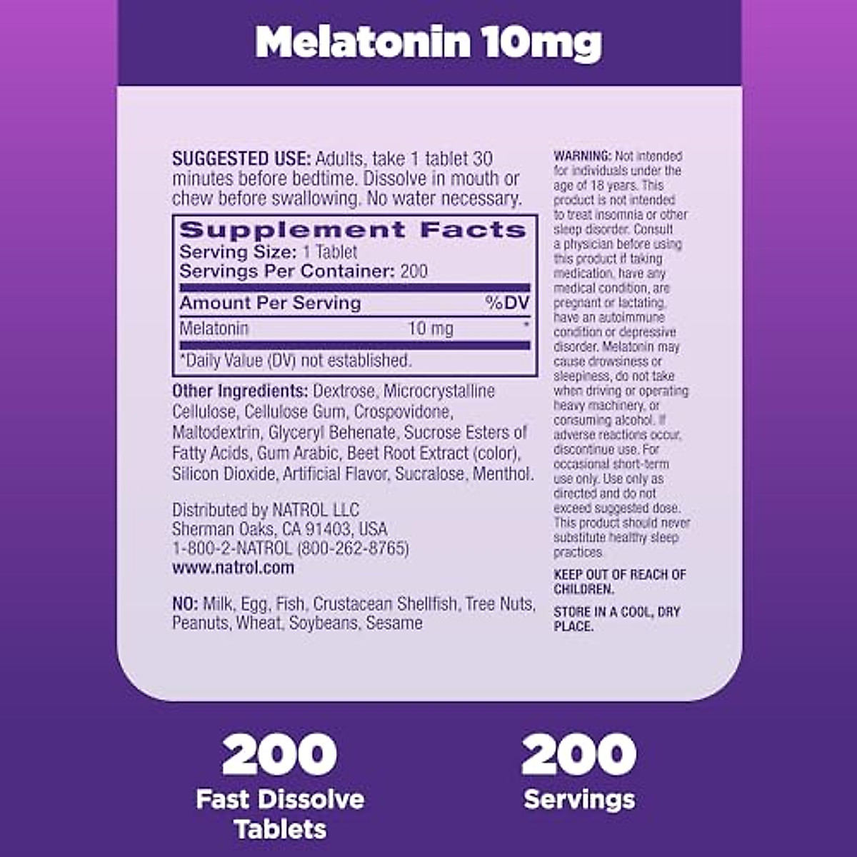 Natrol Melatonin Fast Dissolve Tablets, Help You Fall Asleep Faster, Stay Asleep Longer, Easy to Take, Dissolve in Mouth, Strengthen Immune System, Maximum Strength, Strawberry Flavor, 10mg, 200 Count