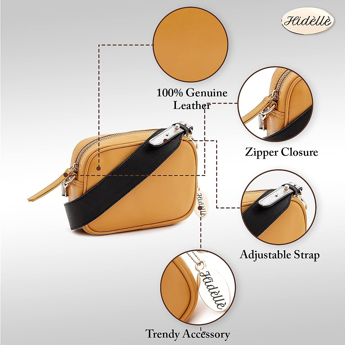 Hidelle Leather Women's Crossbody Bag | Adjustable Straps Zipper Closure Small Pockets Inside- Yellow