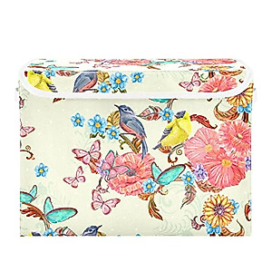 innewgogo Flowers Birds Butterflies Storage Bins with Lids for Organizing Foldable Storage Box With Lid with Handles Oxford Cloth Storage Cube Box for Car