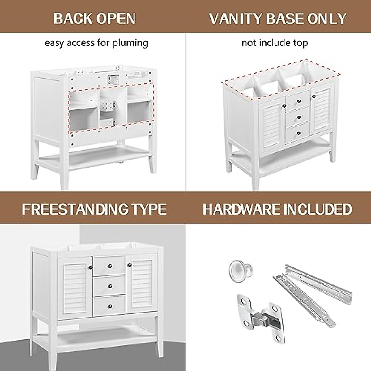 i-POOK 35" Bathroom Vanity Without Sink, Modern Undermount Bathroom Sink Cabinet with 2 Cabinets, 2 Drawers, Open Shelf and Adjustable Divider, Freestanding Bathroom Vanities, White
