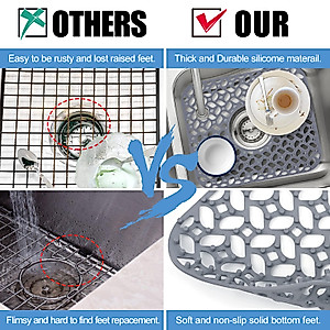 JUSTOGO Silicone Sink Mat, Grey Kitchen Sink Mats Grid Accessory, 2 PCS Folding Non-Slip Sink Protector for Kitchen Bottom of Farmhouse Stainless Steel Porcelain Sink (Center Drain, 13.58''x 11.6'')