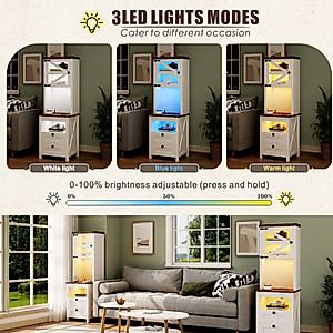 FREDEES Farmhouse Tall Bedside Table Set 2, Nightstand with Drawers & Adjustable Sheves, LED Night Stand with Gun Drawer, Smart End Table for Bedroom, Antique White