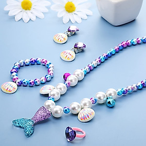 Jadive Mermaid Jewelry for Girls, Mermaid Necklace Bracelet for Kids Mermaid Accessories Shell Necklace Bracelet Ring Earrings Organza Bag Mermaid Party Costume Jewelry(Purple, Cute Style)