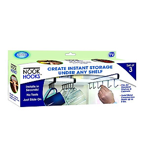 Spark Innovators Nook Hooks, Under Cabinet Storage Hooks, Holds Mugs, Utensils, Coffee Cup, Fits Shelves up to 1", No Installation, 3 Pack
