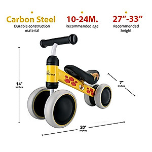 10-24 Months Baby Balance Bike - No Pedal Toddler Walker Trainer Riding Toys for Infant 1 Year Old Boys and Girls with 4 Silent Wheels, Carbon Steel Frame, Cushion Seat, (Bee)