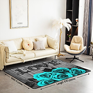Erosebridal Turquoise Grey Carpet Teal Rose Flowers Area Rugs 5x7 for Bedside for Girls Men Women Valentine's Day Wedding Living Room Rug Gifts for Couple Lover,Country Rose Floral Indoor Floor Mat