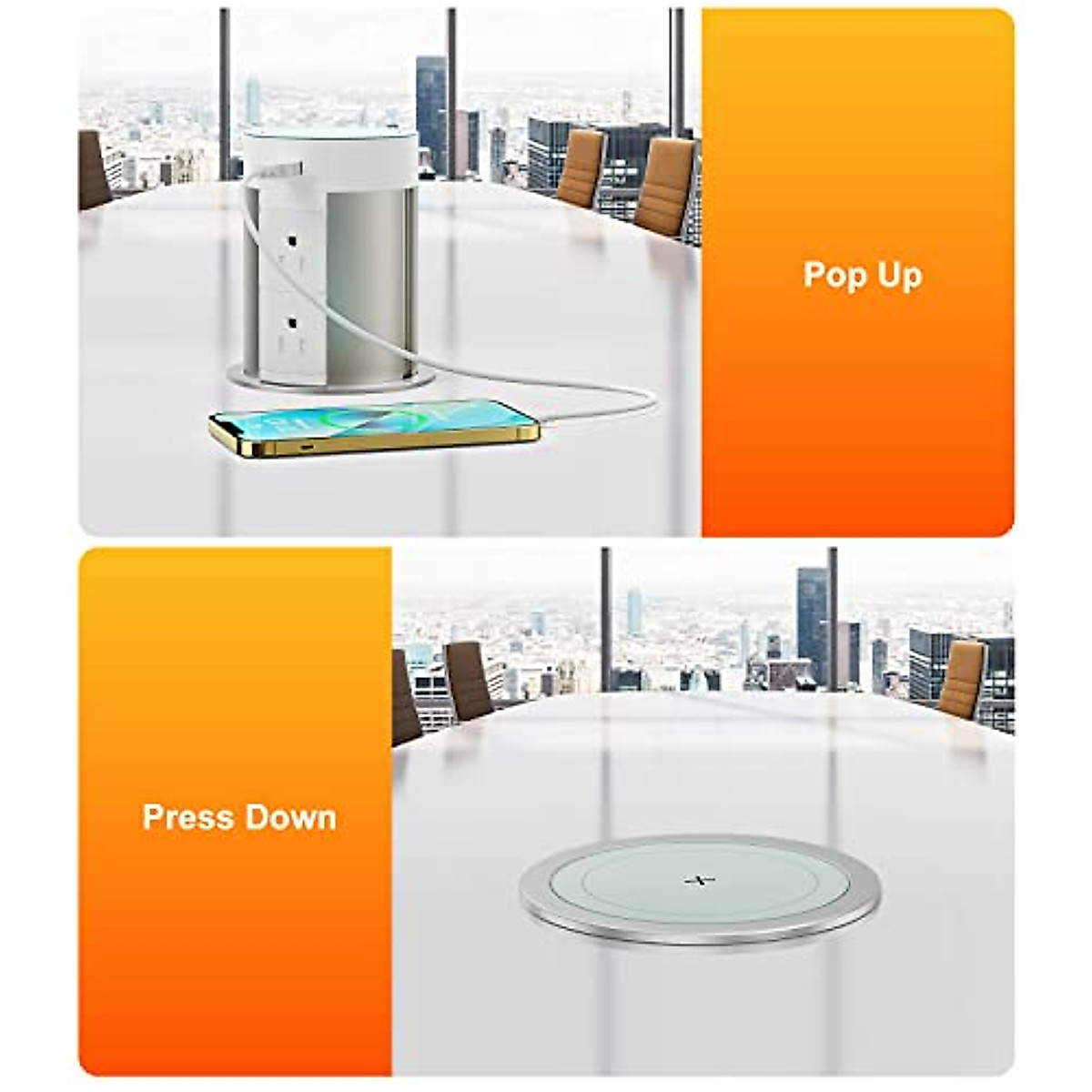 Automatic Pop Up Power Outlet with Wireless Charger, Retractable Recessed Power Strip, 4 AC Outlets and 2 USB Ports, Glass Finish, for Kitchen Countertops Office Table Workshop, White
