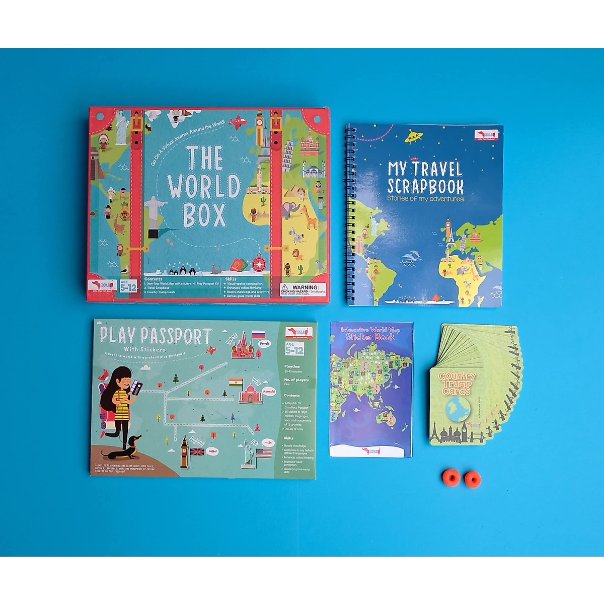 CocoMoco Kids World Map Game for Kids -Combo of 4 Activities - Learn Geography World Map Poster for Wall, Country Trump Cards for Kids, Fake Passport, Travel Scrapbook, Birthday Gift for Boys, Girls