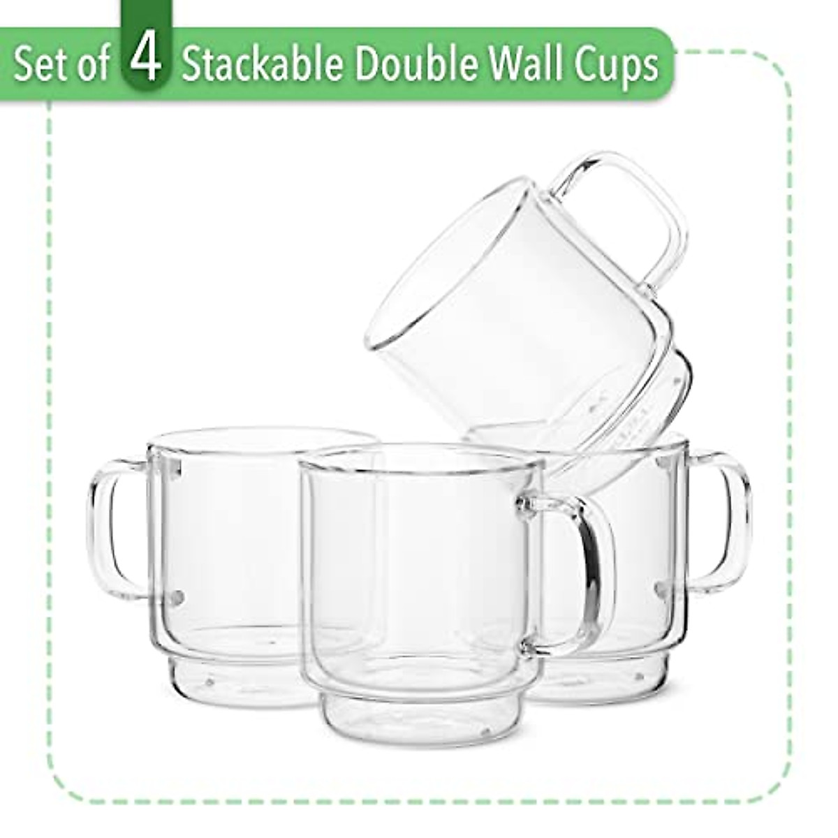 BTaT- Stackable Espresso Cups, Demitasse Cups, Set of 4 (5.0 oz, 150 ml), Glass Coffee Mugs, Double Wall Glass Cups, Clear Coffee Cup, Tea Glass, Espresso Glass, Glass Tea Cups, Mother's Day Gift