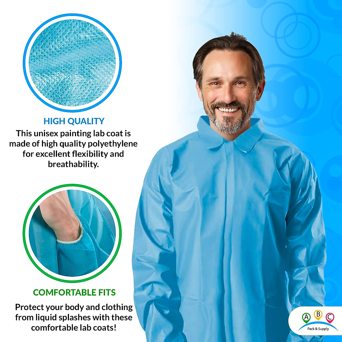 ABC Disposable Lab Coats for Adults X-Large, Blue Fluid Resistant Gowns Disposable, Polyethylene Medical Disposable Gowns, Knee Length Lab Coat Disposable