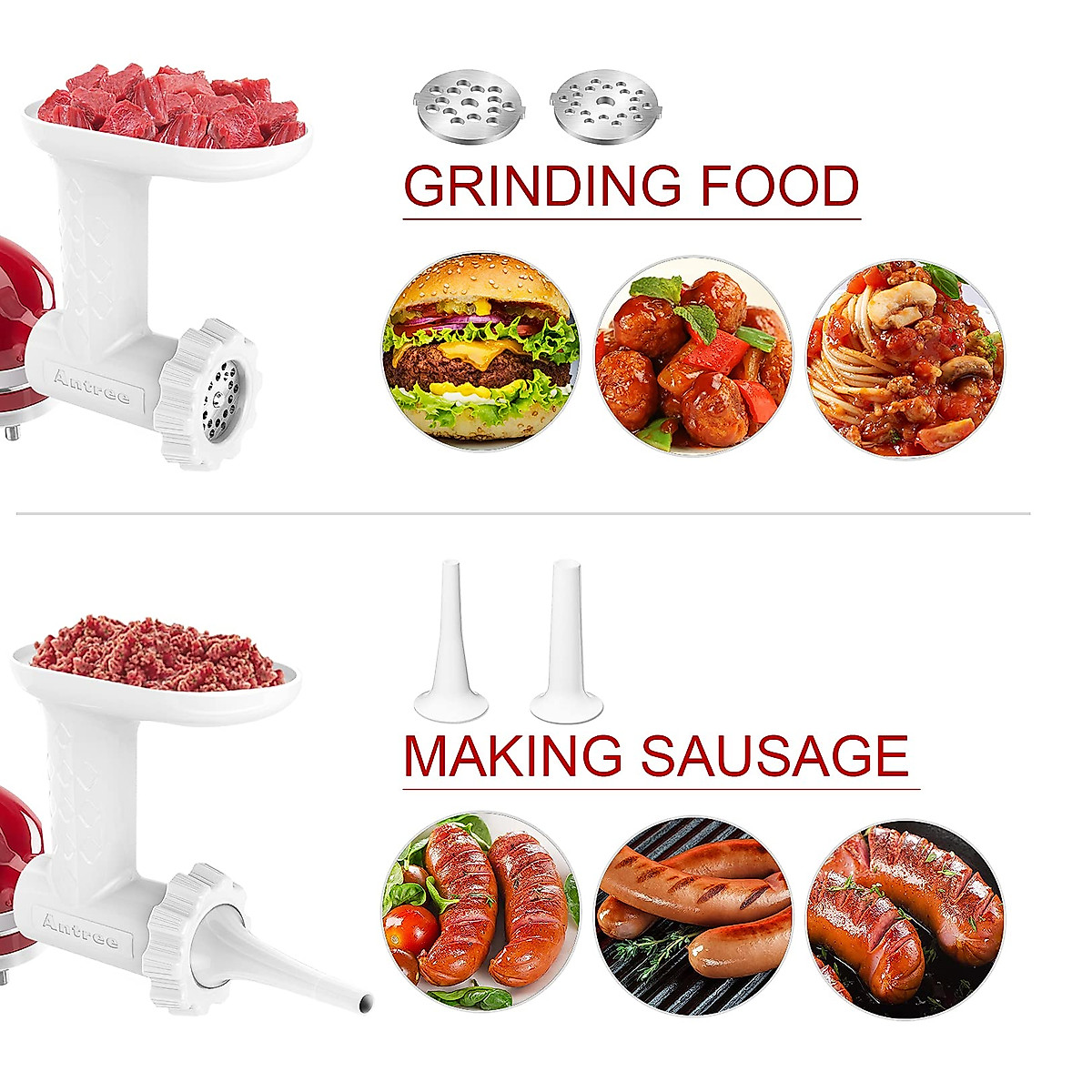 Food Meat Grinder Attachments for KitchenAid Stand Mixers, Excellent Food Grade Meat Grinder Accessories Meat Mixer Attachment Including 2 Sausage Stuffer Tubes Rust-proof and Durable