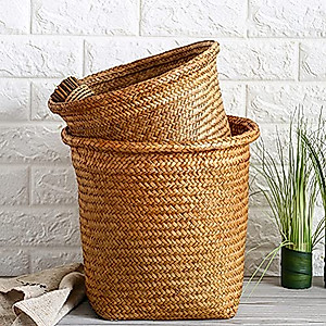 Toyvian 1Pc Straw Woven Storage Basket, Round Rattan Waste Basket Decorative Round Trash can for Bedroom Desktop Coffee (28cm)