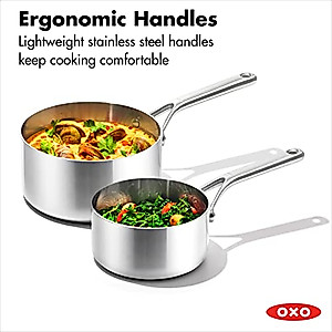 OXO Mira Tri-Ply Stainless Steel, 1.5QT and 3QT Saucepan Pot Set with Lids, Induction, Multi Clad, Dishwasher and Metal Utensil Safe