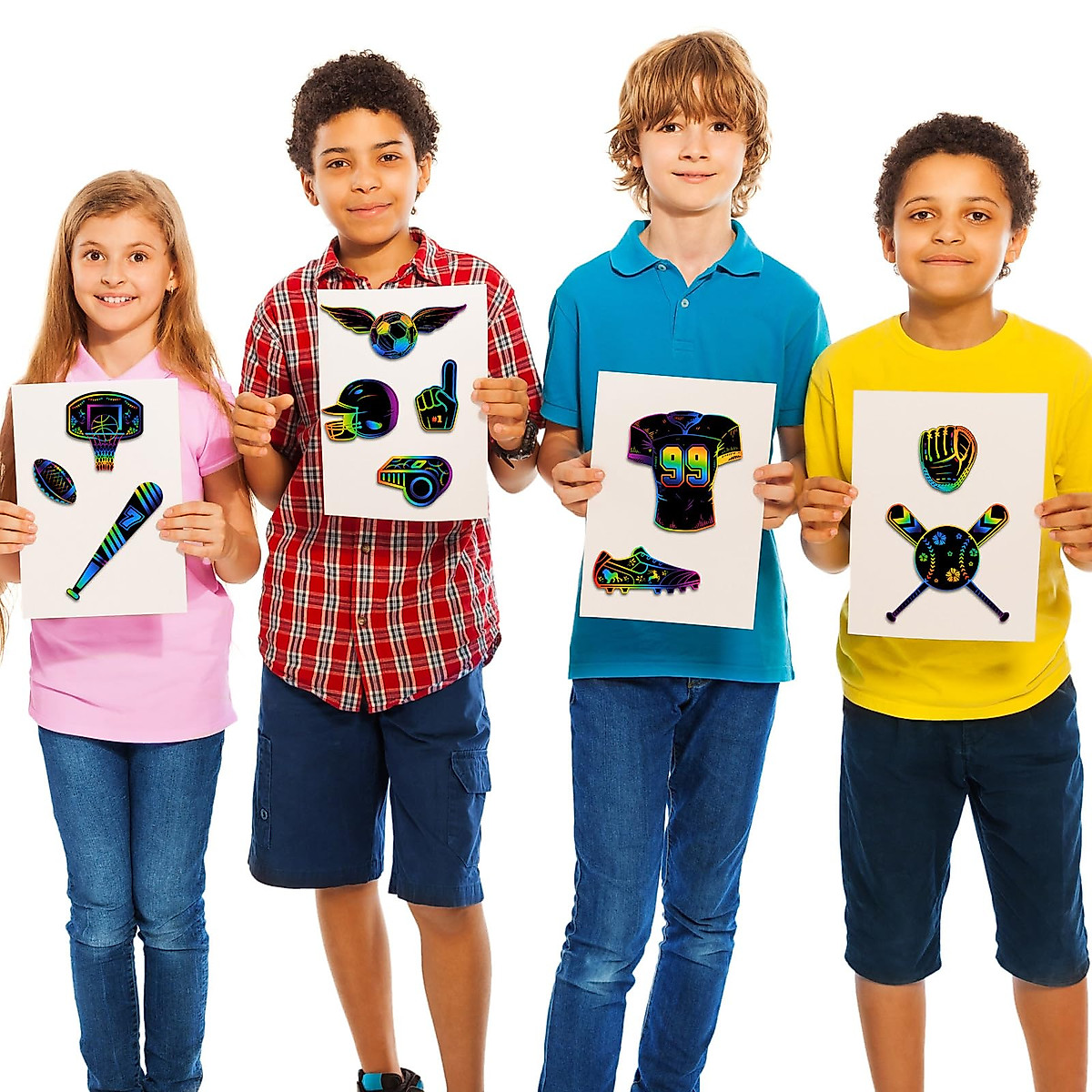 Qilery 70 Pcs Sports Scratch off Papers Scratch Paper Sets with 35 Pcs Wooden Stylus, Sports Ball Rainbow Paper Scratch Pad for Kids, DIY Arts and Crafts Supplies for Football Party Project Decoration