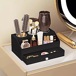 Happy start Acrylic Hair Tool Organizer - Blow Dryer Holder, Hair Styling Tools & Accessories Organizer Vanity Caddy Storage Stand with Heat Resistant Stainless Steel Cups (Drawer, Black)