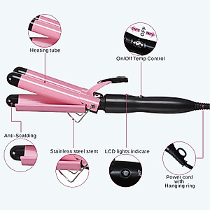 TOP4EVER 3 Barrel Curling Iron, 1 inch Crimper Hair Tool,Crimping Waver for Women Beach Waves with Two Temperature Settings, Pink
