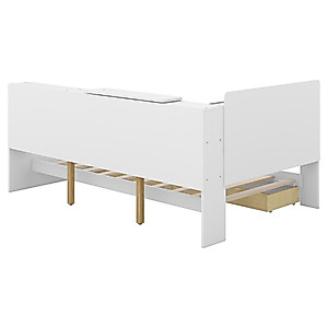 VilroCaz Twin Size Platform Bed with L-Shaped Storage Shelves and Upholstered Headboard, Solid Wood Daybed Frame with 2 Drawers and Rotatable Storage Board, Maximize Space (White-25)