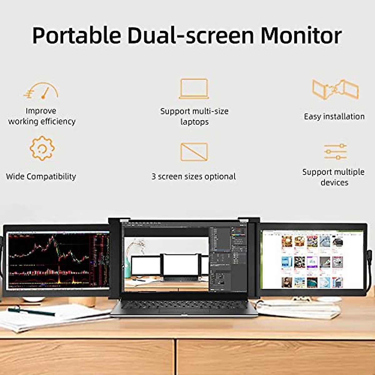 BUZHI 15 inch Portable Triple-Screen Monitor Laptop Expansion Screen 1920 * 1080 Resolution Easy Installation for 15-17 inch Laptop,Monitor