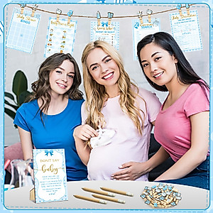 Patelai 321 Pcs Baby Shower Games Supplies, 5 Sets (50 Cards Each) Activities Cards with 20 Pencils 1 Don't Say Baby Sign 50 Clothespin(Boy)