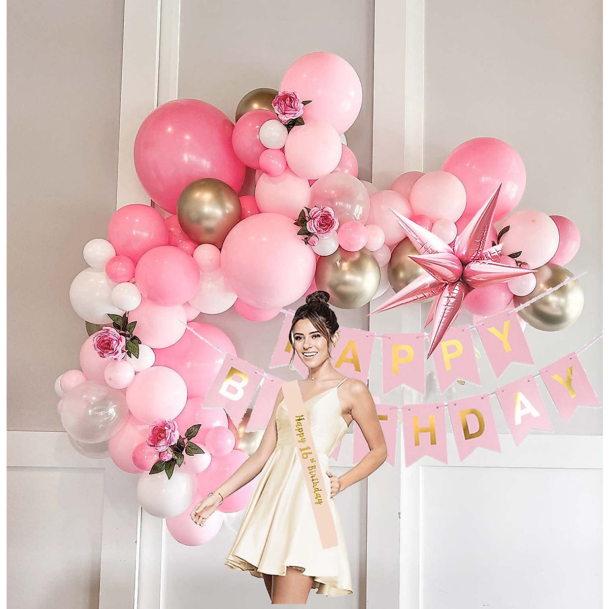 Pink Gold Balloon garland kit 135Pcs Pastel Pink and Gold white balloons for Girl baby shower women Sweet 16/21th Birthday Mother's Day Party Princess theme Decorations