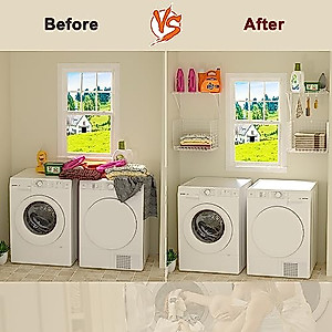 2 Pack Laundry Room Shelves Wall Mounted with Wire Baskets, Over the Washer and Dryer Shelf with Clothes Drying Rack, 8 Hooks，Wire Shelves Baskets for Laundry Closet Organization and Storage, White