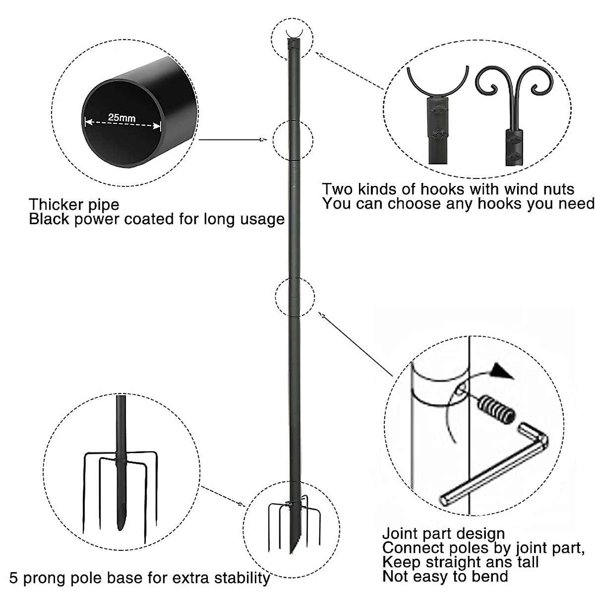 String Light Poles for Outdoors 2 Pack 7.8 FT Outside String Lights Pole Stand with 2 Shape Hooks and Heavy Duty 5-Prong Fork for LED Solar Bulbs Hanging Yard Garden Patio Wedding Cafe and Party