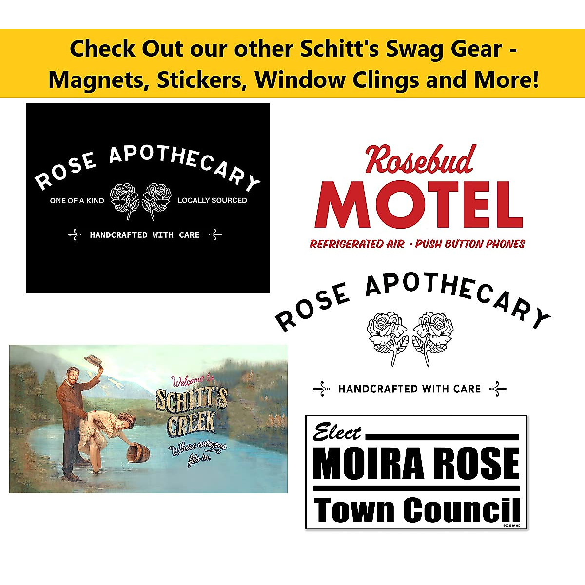 Schitt Swag Creek Small Magnet - Rosebud Hotel Logo - 2.7" by 1`.4" - David, Alexis, Johnny & Moira - Perfect for The Refrigerator, Dorm, Garage, Locker, Vehicle and More! (Small 2.7" by 1.4")