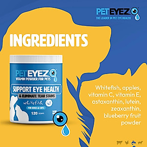 Pet Eyez Vitamin Powder for Pets - Supports Eye Health & Reduces Tear Stain Buildup - 100% Natural Food Topper for Dogs & Cats with Superfoods, Antioxidants & Nutrients - Whitefish Flavor - 120 Scoops