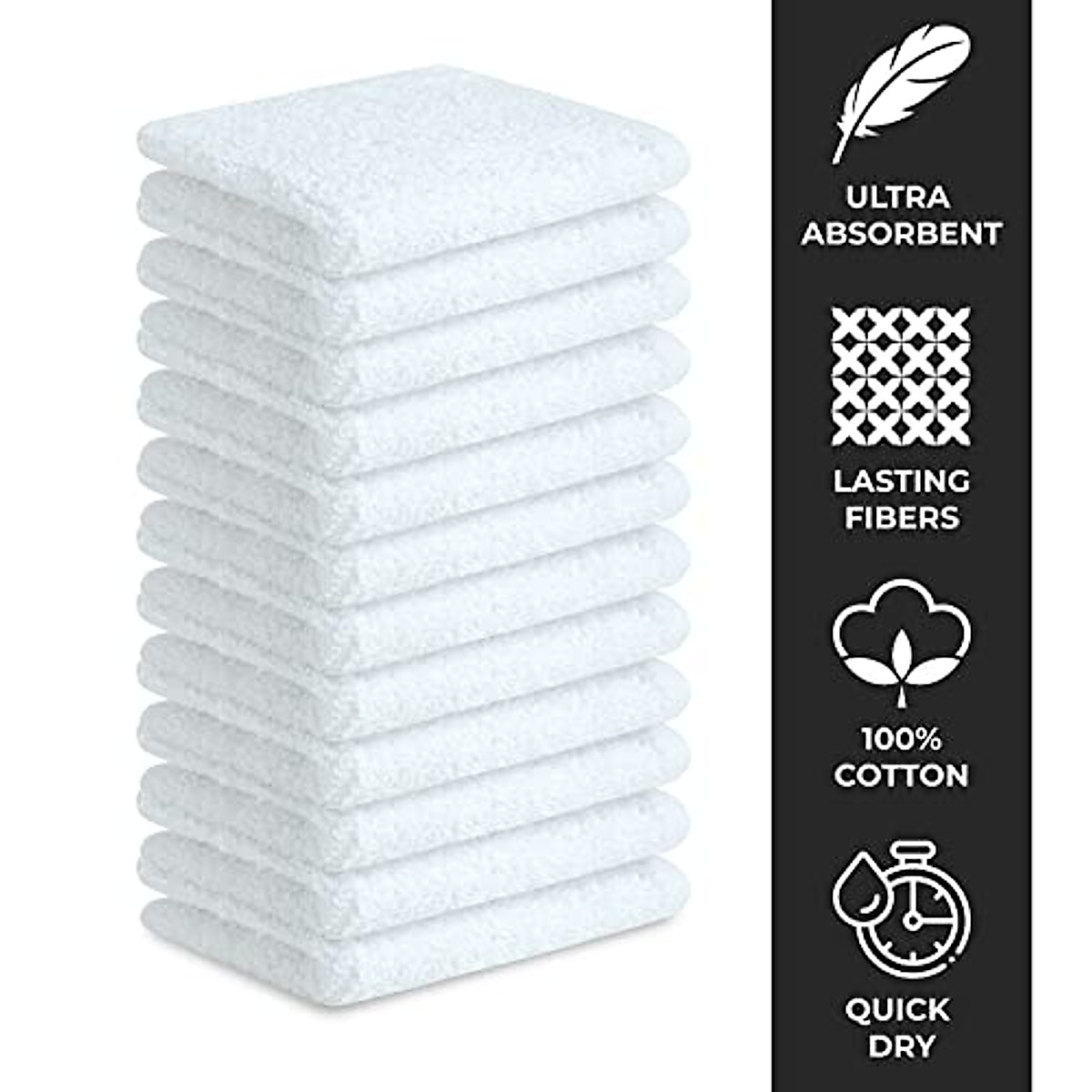 Zuperia 100% Cotton Luxury Bath Wash Cloths 60 Pack - Highly Absorbent Soft Washcloths for Face- Gym Towels, Hotel Spa Quality, Reusable and Multipurpose Towels 12 x 12 Inches (White)