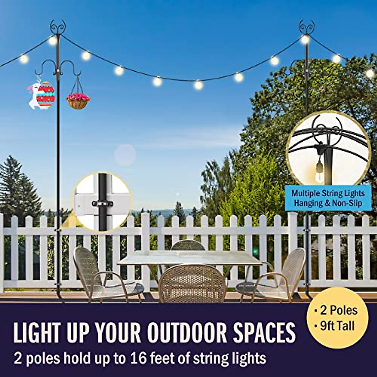 WY String Light Poles for Outdoor String Light - Light Pole with Hooks & Solar Panel Base to Hang up LED Lighting - Backyard, Garden, Patio, Deck Lighting Stand for BBQ, Party, Bistro & Weddings