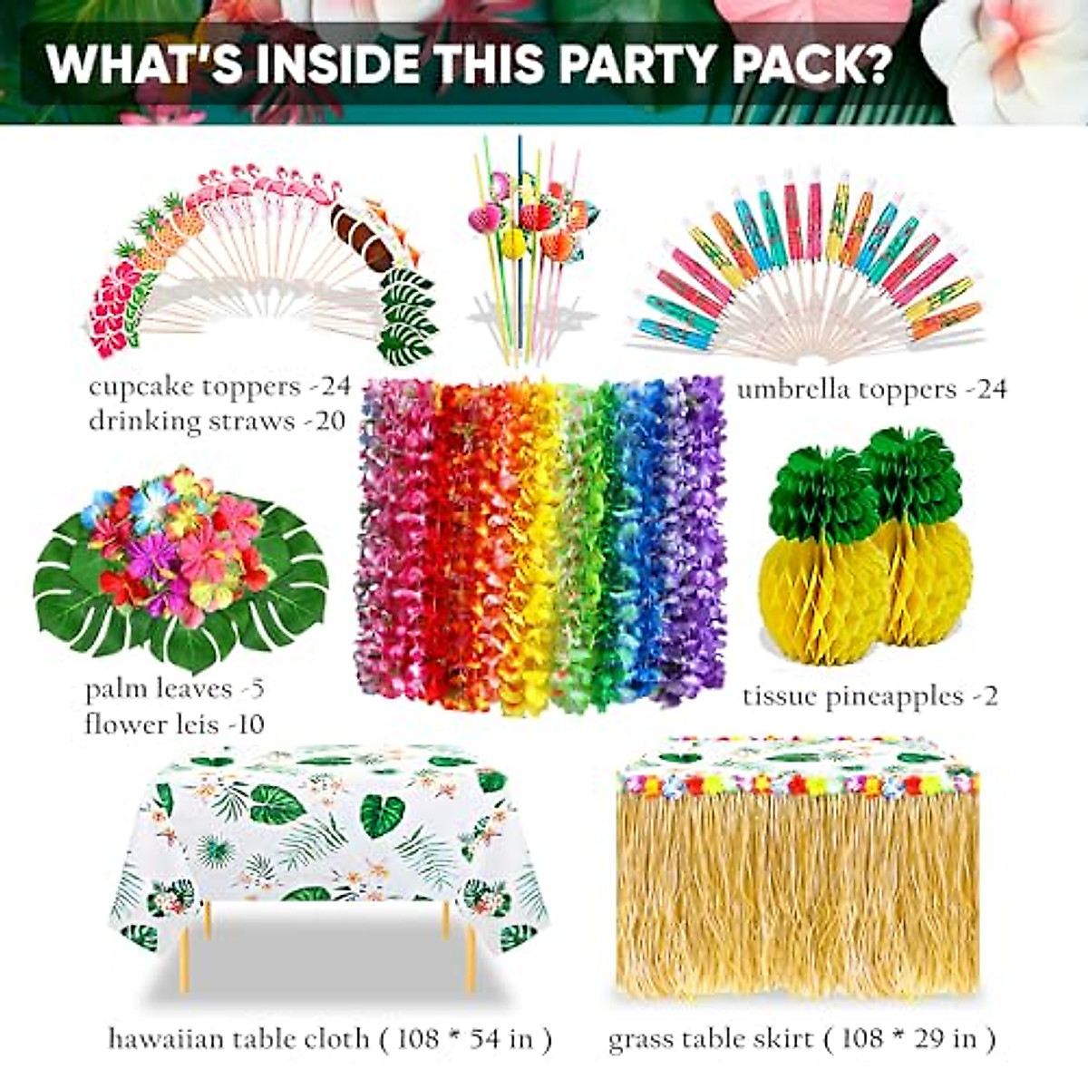 ADAM’S OFFER Hawaiian Luau Birthday Party Decorations Tropical Aloha Party Supplies for Summer Beach Decor Leis Necklaces Table Skirt Tablecloth Straws Toppers Leaves Balloon Kit