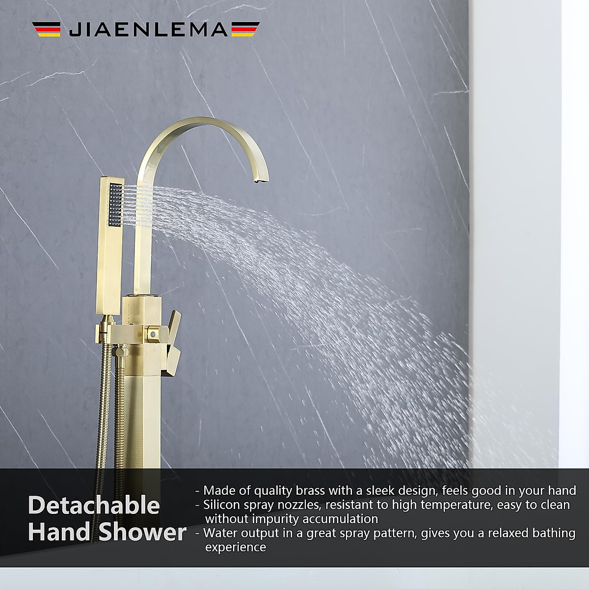 Waterfall Floor Mount Freestanding Bathtub Faucet Brushed Gold Single Handle Freestanding Tub Faucet Brass Tub Filler Tub Shower Faucet with Hand Shower 59in Hose Bathtub & Shower Systems JIAENLEMA