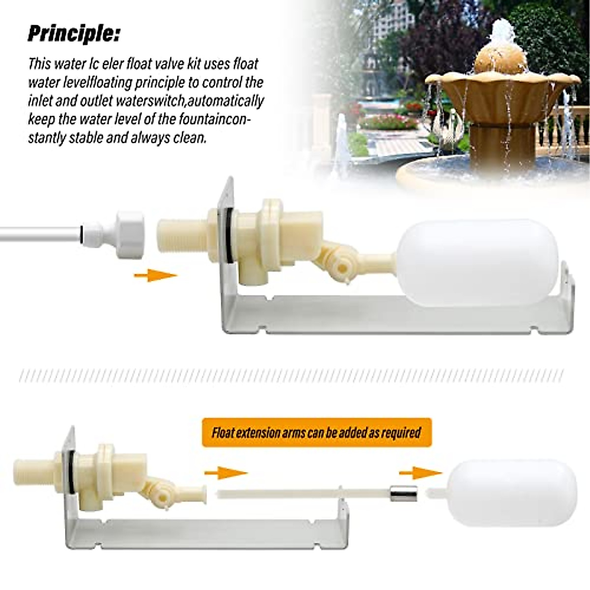 PAMUNULA Water Fountain Auto Fill System AutoFill Water Level Kit, 1/4 Inch Tube with Adjustable Arm for Outdoor Fountain Pond Aquariums Aquaculture