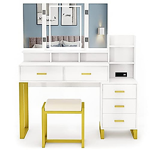 PAKASEPT Vanity Set with Tri-fold Makeup Mirror, Large Desk 3-Color Adjustable Touch Light, Charging Station, 5 Drawers, Storage Shelves&Cushioned Stool Women Girls, White, 45.59''Lx15.74''Wx54.13''H