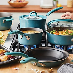 Rachael Ray Cook + Create Nonstick Cookware/Pots and Pan Set, 10 Piece, Agave Blue